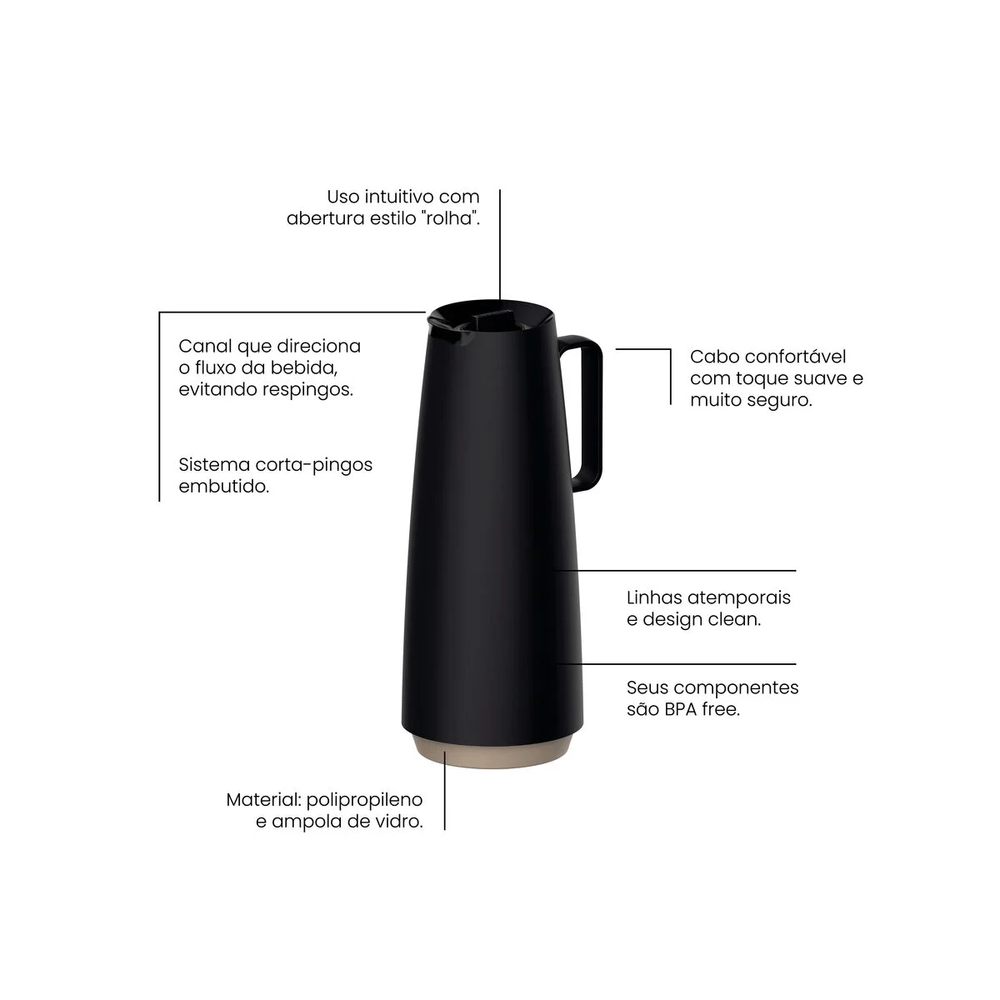 Bule Térmico Exata em Plástico Preto com Ampola de Vidro 1 L Tramontina ...